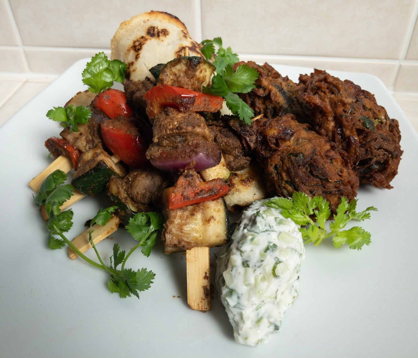 Tandoori vegetable skewers with onion bhaji & roti | Project Salubrious